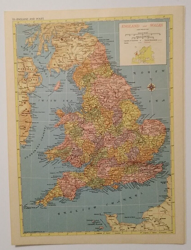 1956 Antique ENGLAND & WALES Atlas Map Hammond's Family Reference World ...