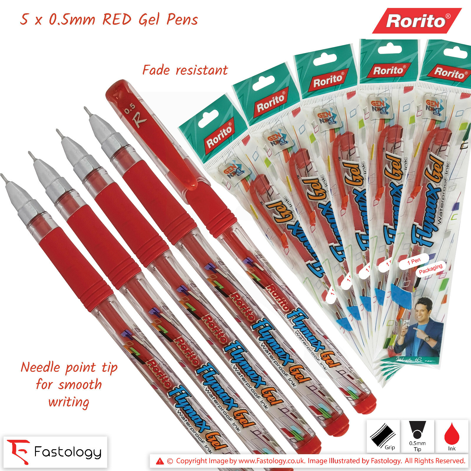 0.5mm Needle Tip RORITO Flymax BLACK BLUE RED Gel Pens Soft Grip Fade ...