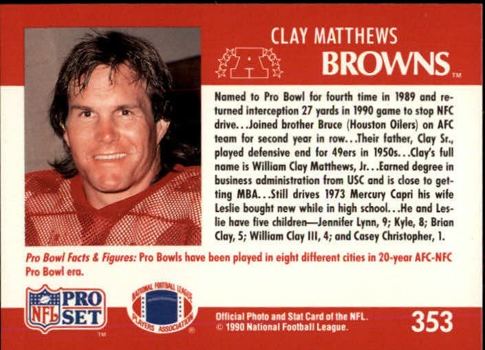 1990 Pro Set - Pro Bowl Clay Matthews #353 for sale online | eBay