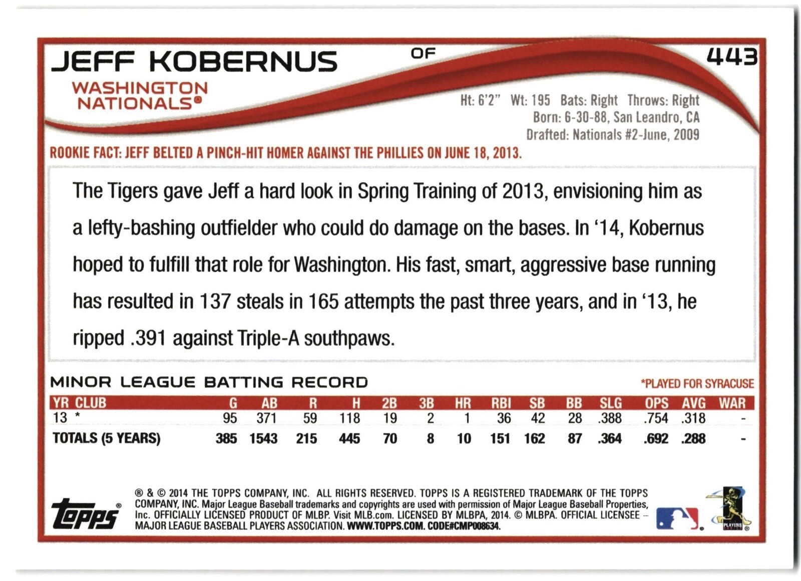 2014 Topps Baseball Jeff Kobernus Rookie Washington Nationals #443 | eBay