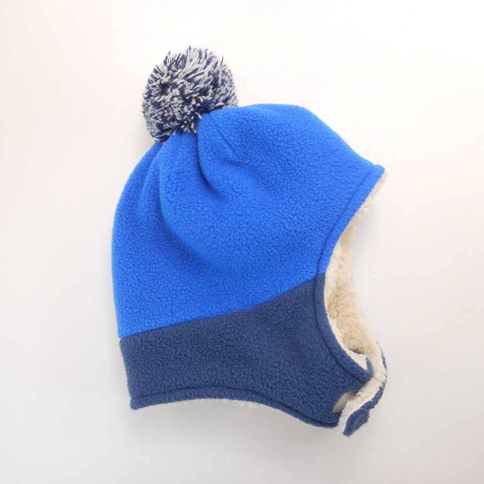 LL Bean Toddler Size 2T - 4T Blue Fleece Pom Hat Chin-Strap Warm Sherpa ...