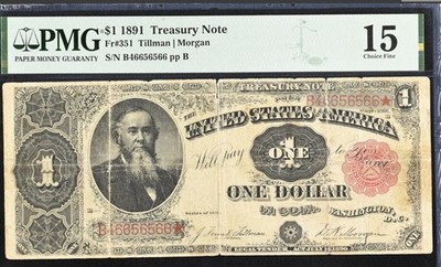 1891 $1 U.S. Treasury Note Red Seal Fr#351 PMG, F 15, Choice Fine | eBay