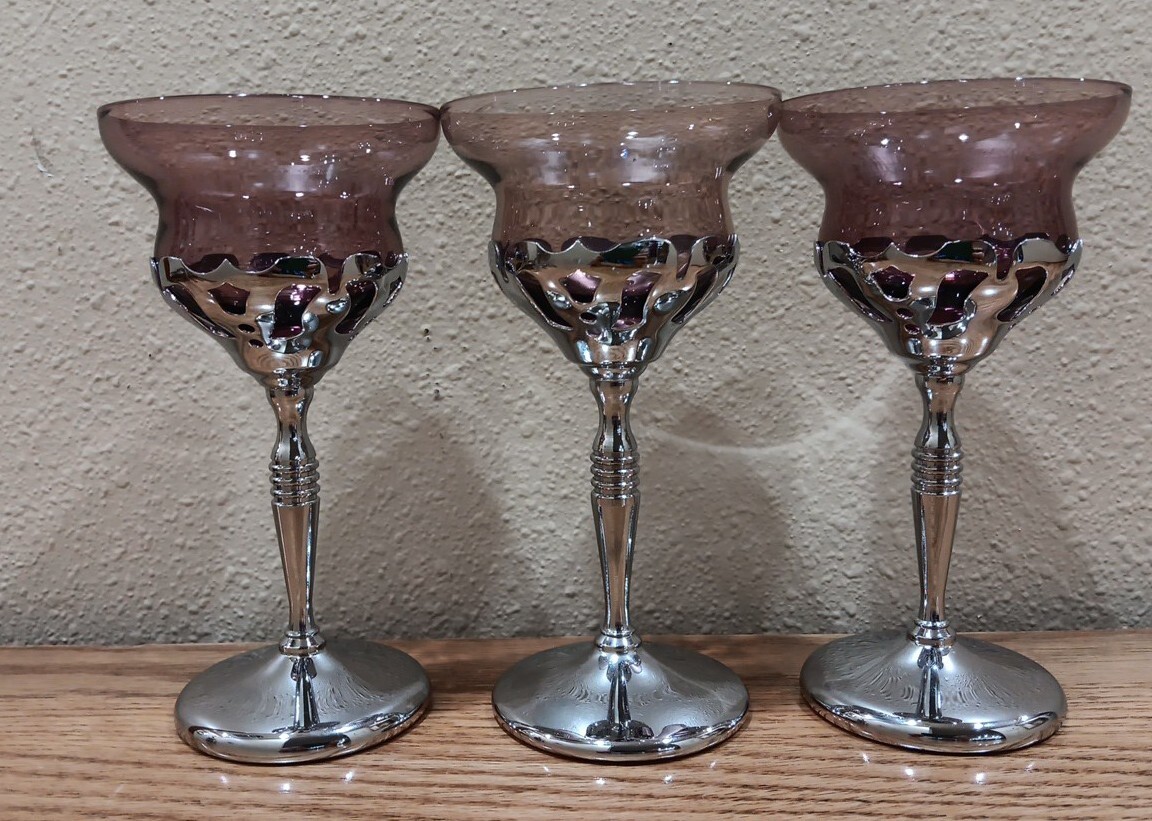 3 Vintage Farber Bros Krome Kraft Amethyst Art Deco Glass Cordial Wine ...