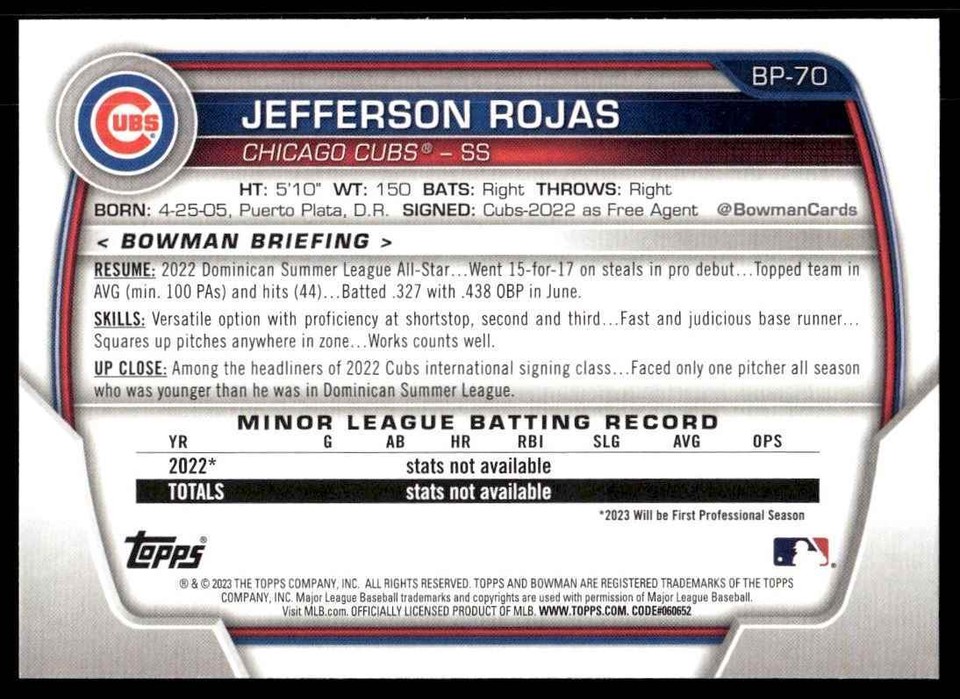 2023 Bowman Prospects 1st Jefferson Rojas Rookie A2 Chicago Cubs #BP-70 ...