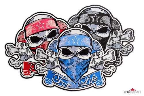 Biker Skulls with Bandana Large Embroidered Patch Blue Red Black Iron ...