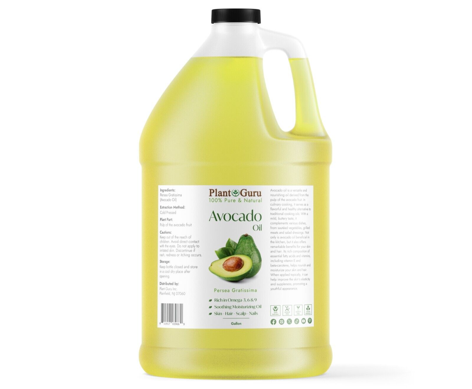 Avocado Oil Gallon 7.5 lbs. Cold Pressed 100% Pure Natural For Skin ...