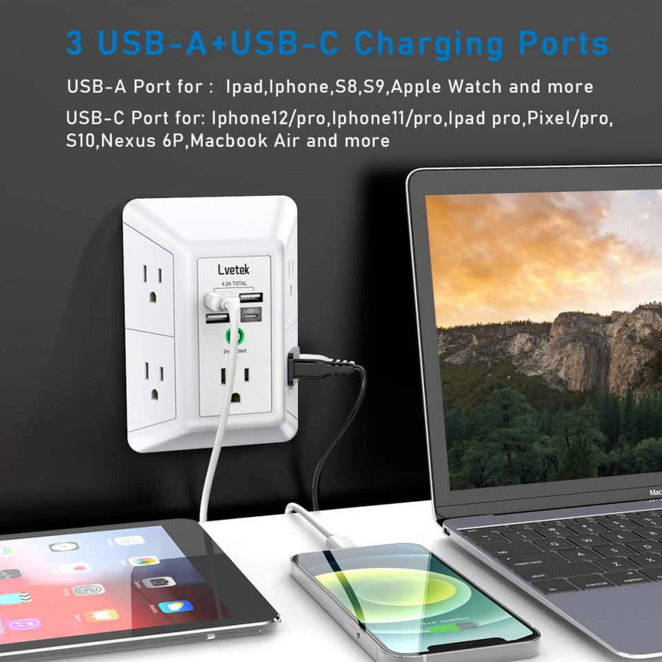 USB Wall Charger，LVETEK Surge Protector 5 Outlet Extender with 4 Ports ...