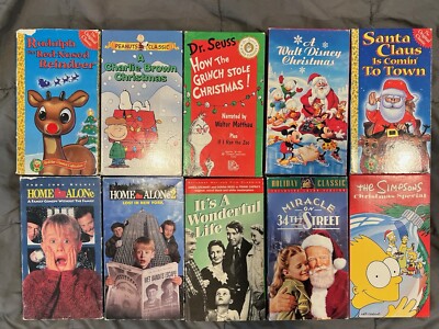Christmas 10 VHS Lot Rudolph Grinch Home Alone Simpsons Disney Charlie ...