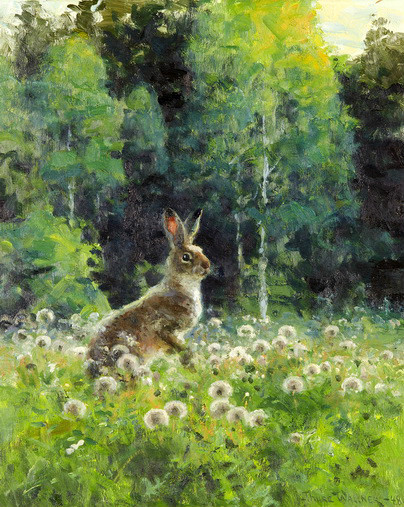Excellent oil painting lovely animal rabbit hare in spring field hand ...