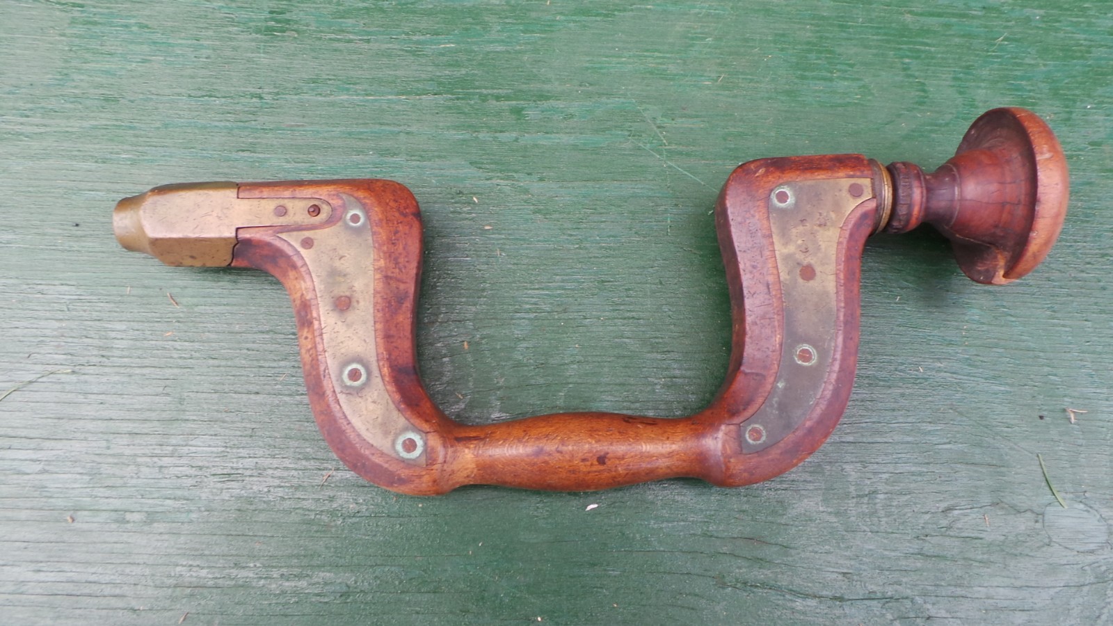 ANTIQUE Wood Brass Bit Brace with Brass Trim Woodworking Tool Drill ...