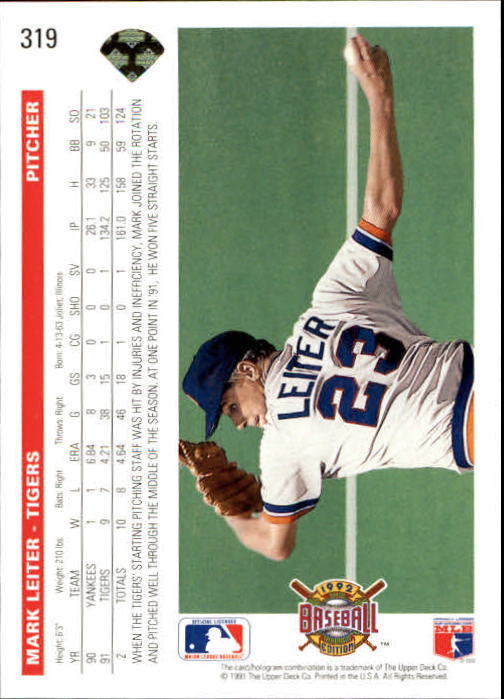 1992 (TIGERS) Upper Deck Gold Hologram #319 Mark Leiter | eBay