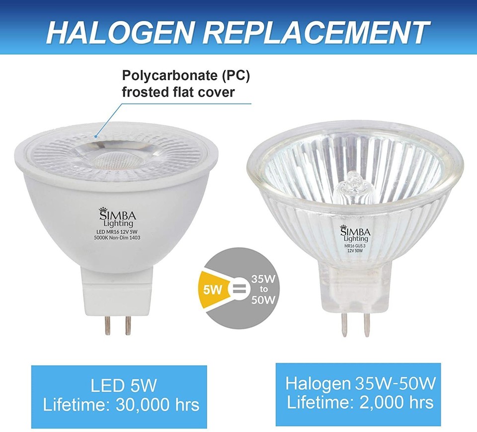 [6 Pack] LED MR16 5W 12V 35W 50W Halogen Replacement Bulbs GU5.3 Bi-Pin ...