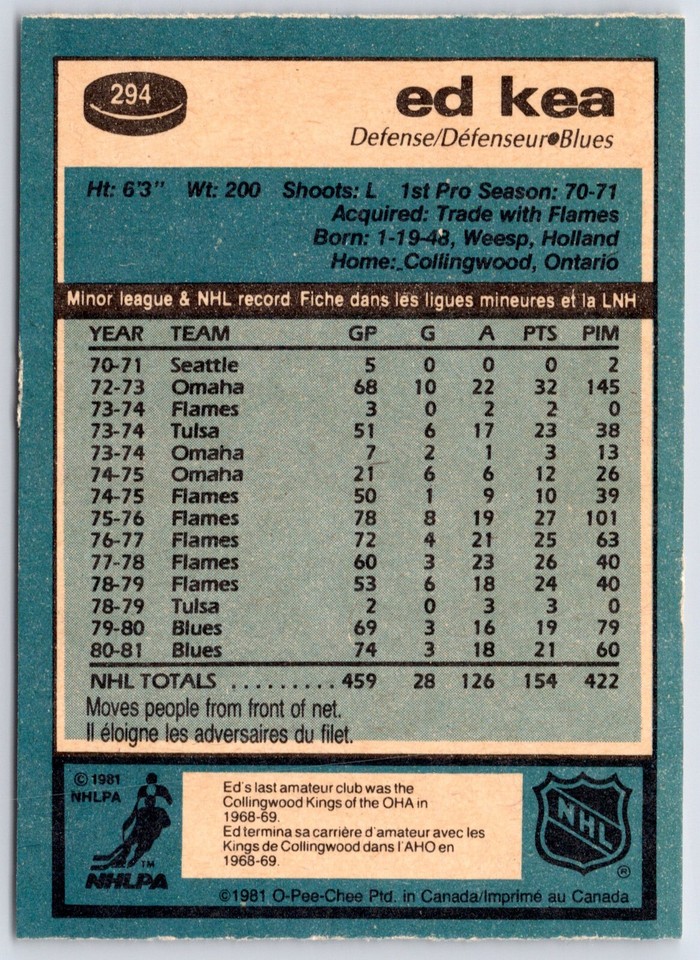 ED KEA 1981-82 O-PEE-CHEE 81-82 NO 294 NRMINT+ 58370 | eBay