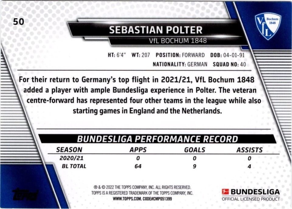 2021 Topps Bundesliga Soccer #50 - Sebastian Polter - UNLIMITED ...