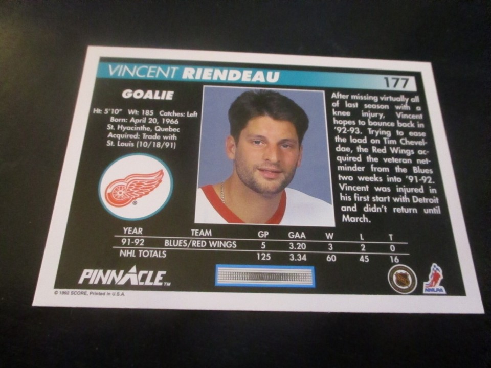 vincent riendeau (detroit red wings - goalie) 1992/93 pinnacle card ...
