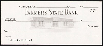 Vintage bank check FARMERS STATE BANK Faith South Dakota bank pic ...
