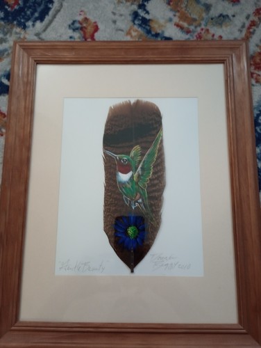 Hand Painted Goose Feather of a Hummingbird original and signed | eBay