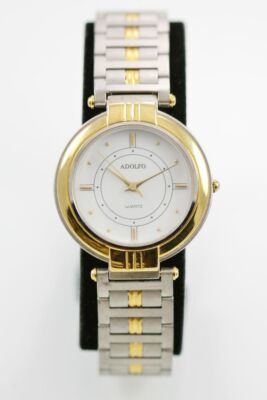 Adolfo Watch Men Stainless Steel Silver Gold Water Resist Battery White ...