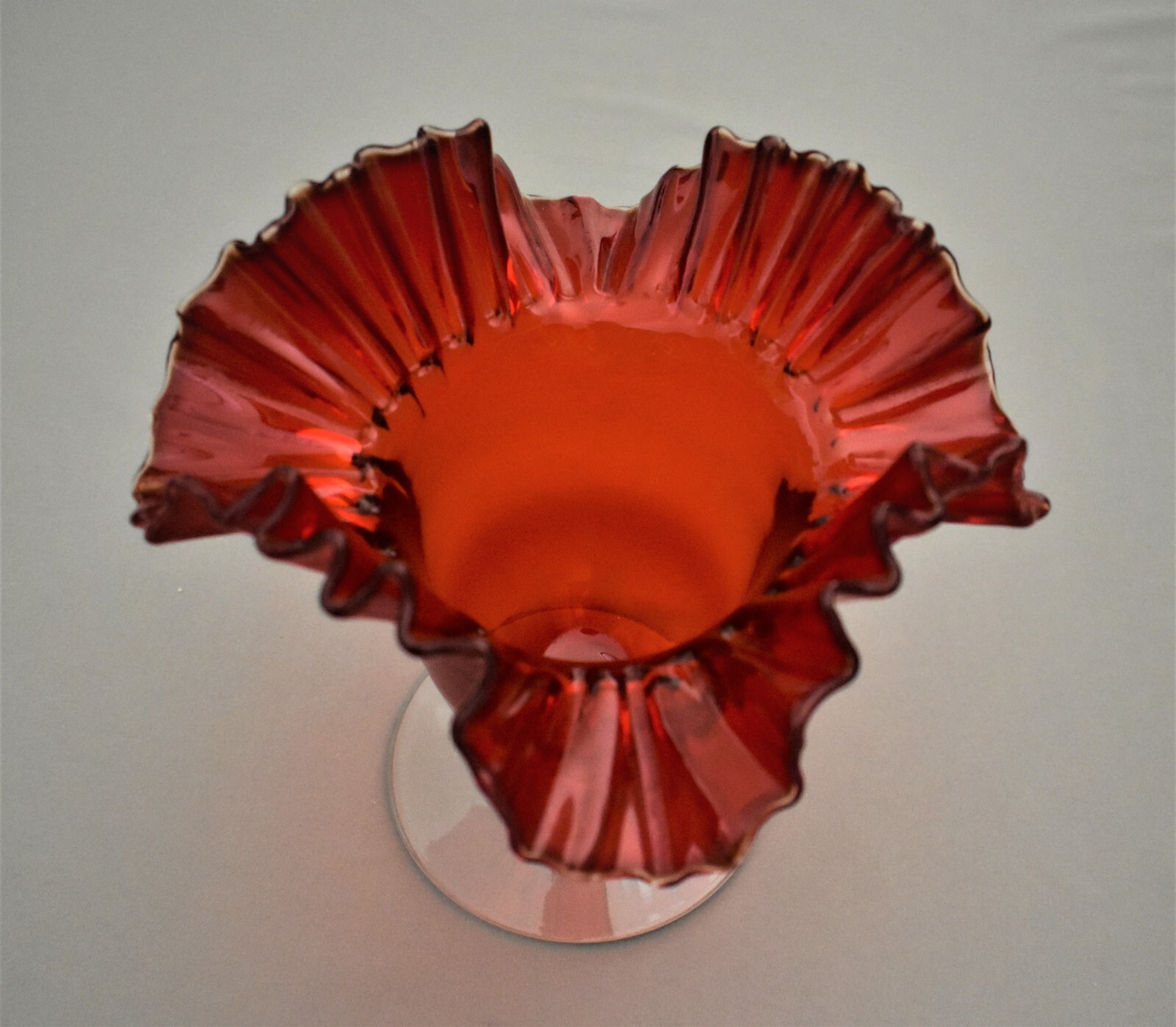 Blenko 8" Red Glass Rim Flared Ruffle Top Vase Pedestal Original Mark ...