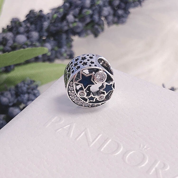 NEW Authentic PANDORA 925 Ale Sparkling Moon Blue Stars Charm Pendant ...