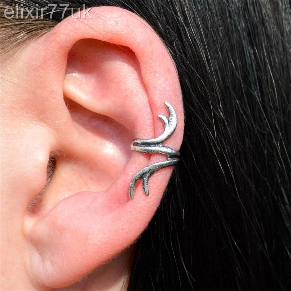UK NEW SILVER DEER HORN EAR CUFF UPPER HELIX CARILAGE CLIP-ON EARRING ...