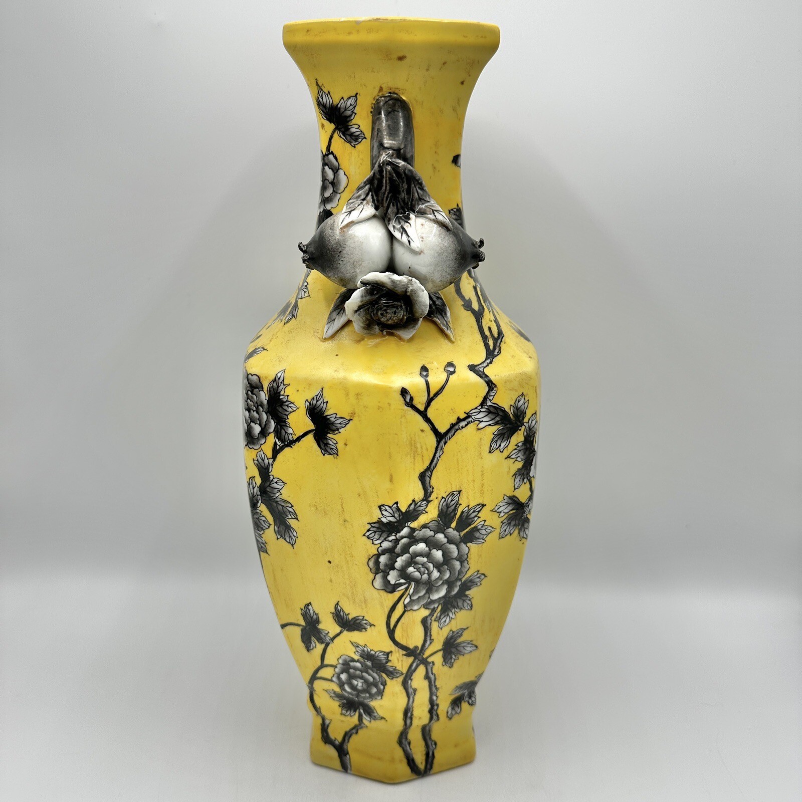 Vtg Hua Rong Tang Zhi Chinese Yellow Glaze Floral Vase w/Pomegranate ...