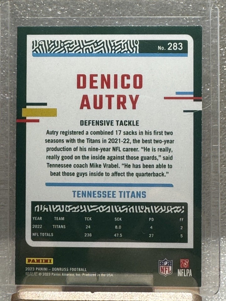 Denico Autry Yellow Press Proof 2023 Donruss Football #283 Tennessee ...