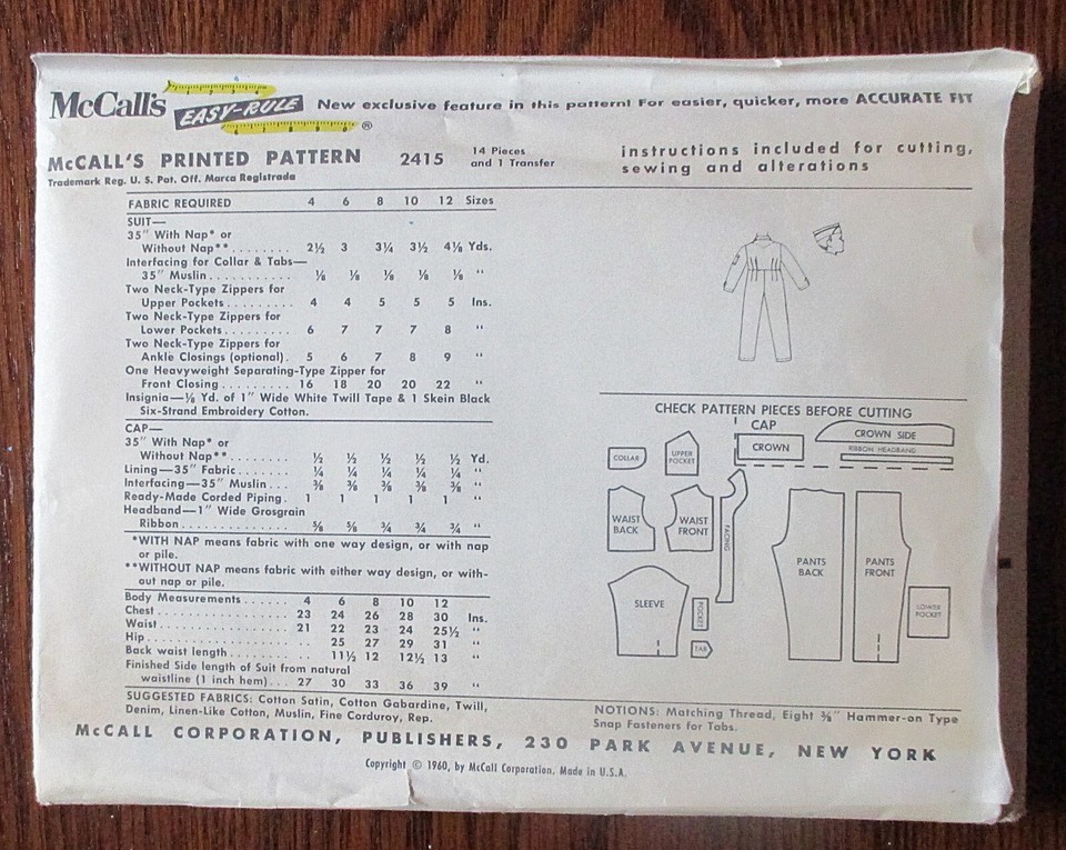 Vtg. 1960 McCalls Costume Pattern 2415 Boys Test Pilot Uniforms, Hat ...