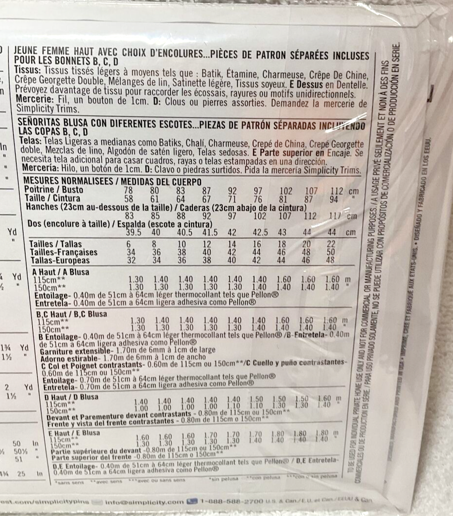 Simplicity Sewing Pattern 1316 Misses Women Top H5 6-14 Uncut for sale ...