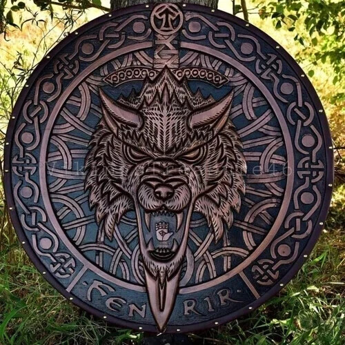 24'' Fenrir Wolf Carved Wooden Viking Shield Battle-Worn Shield Wall ...
