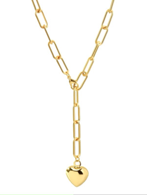 18K Yellow Gold Plated Lovely Heart Drop Paper Clip Chain Link Necklace ...