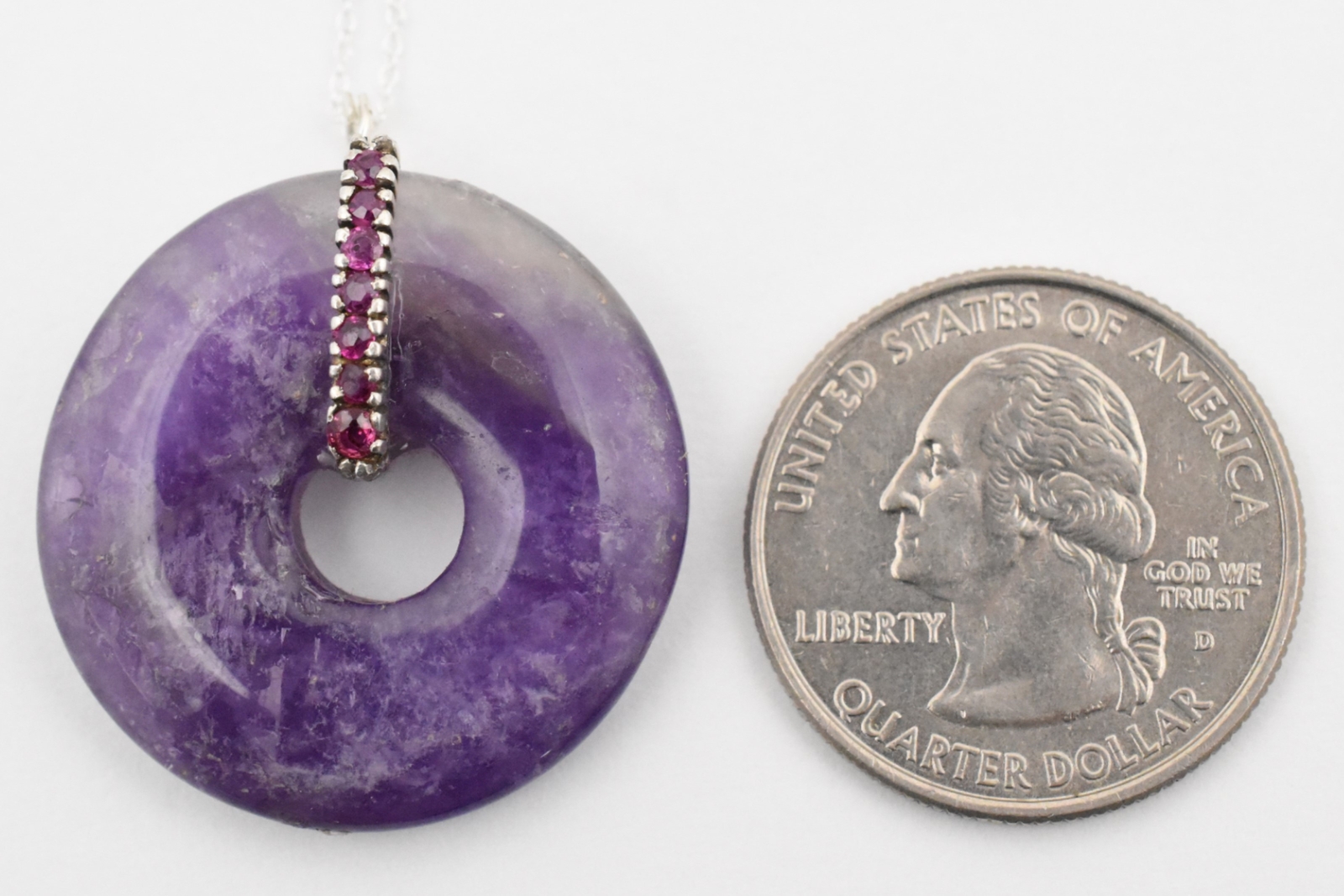 30mm Natural Amethyst Donut Pendant w/Ruby Bail 18" Sterling Silver ...