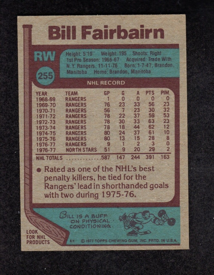 1977-78 Topps #255 Bill Fairbairn Minnesota North Stars Rangers NHL ...
