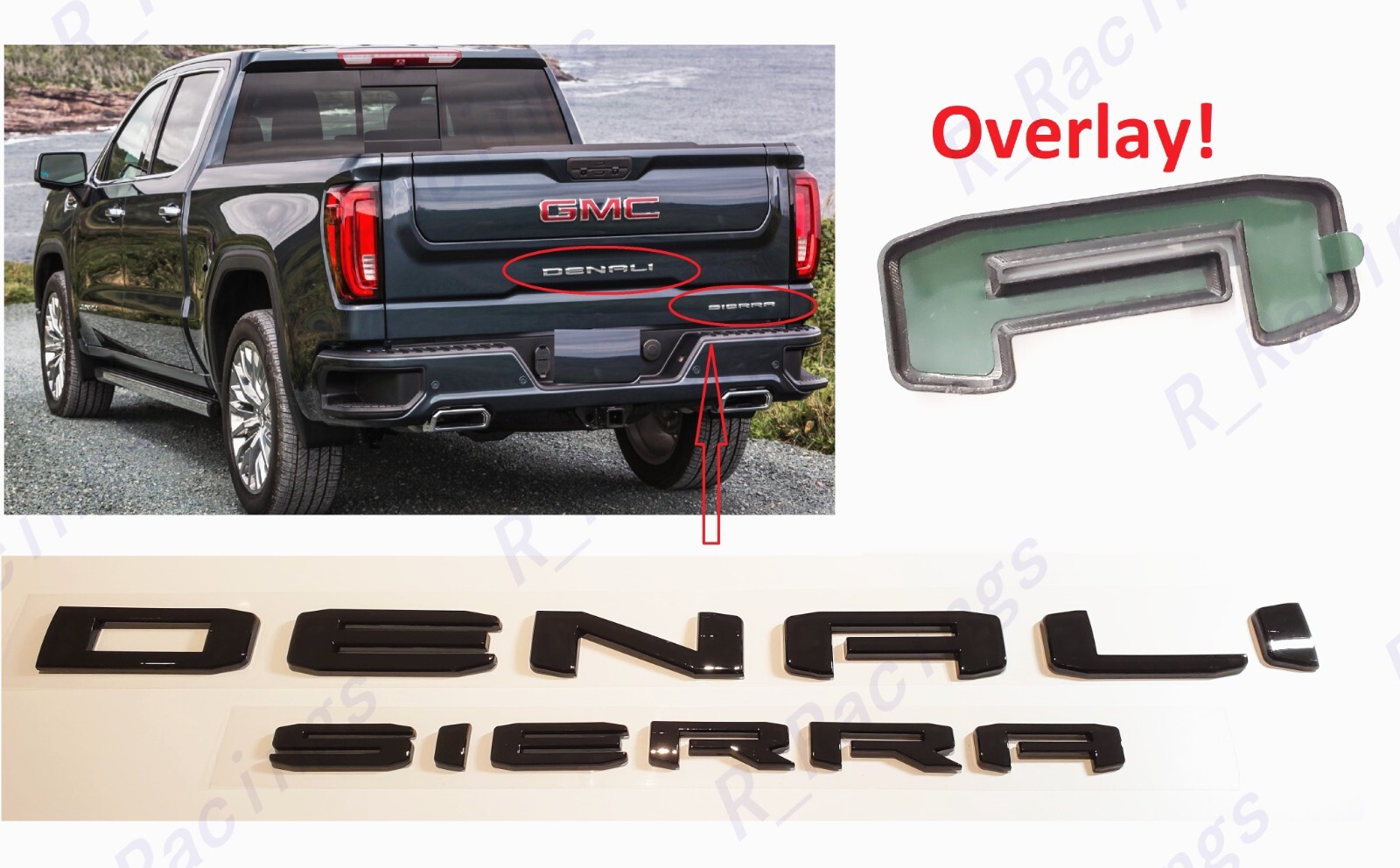 OVERLAY Gloss Black DENALI Sierra Emblems 2019+ GMC Sierra 1500 2500hd ...