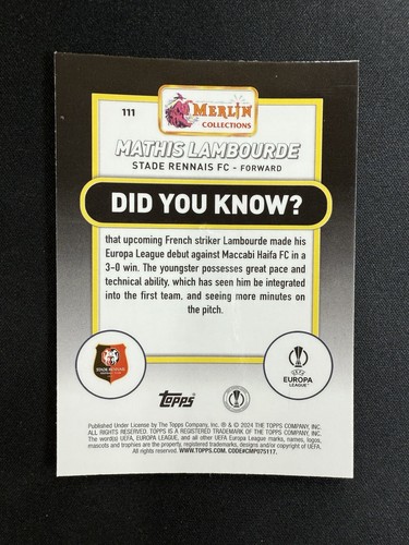 Topps Merlin 2023/24 Mathis Lambourde 111 Stade Rennais UCL Base Set RC ...