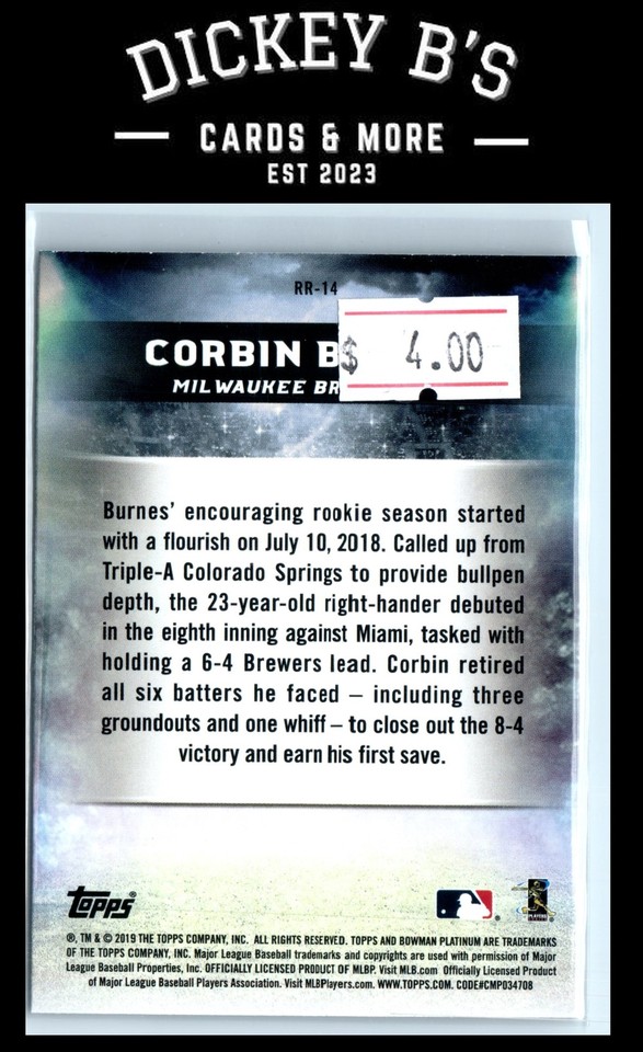 2019 Bowman Platinum Renowned Rookies #RR-14 Corbin Burnes Milwaukee ...