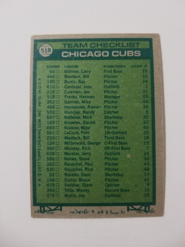 TEAM CHECKLIST UNMARKED 1977 TOPPS BASEBALL #518 CHICAGO CUBS | eBay