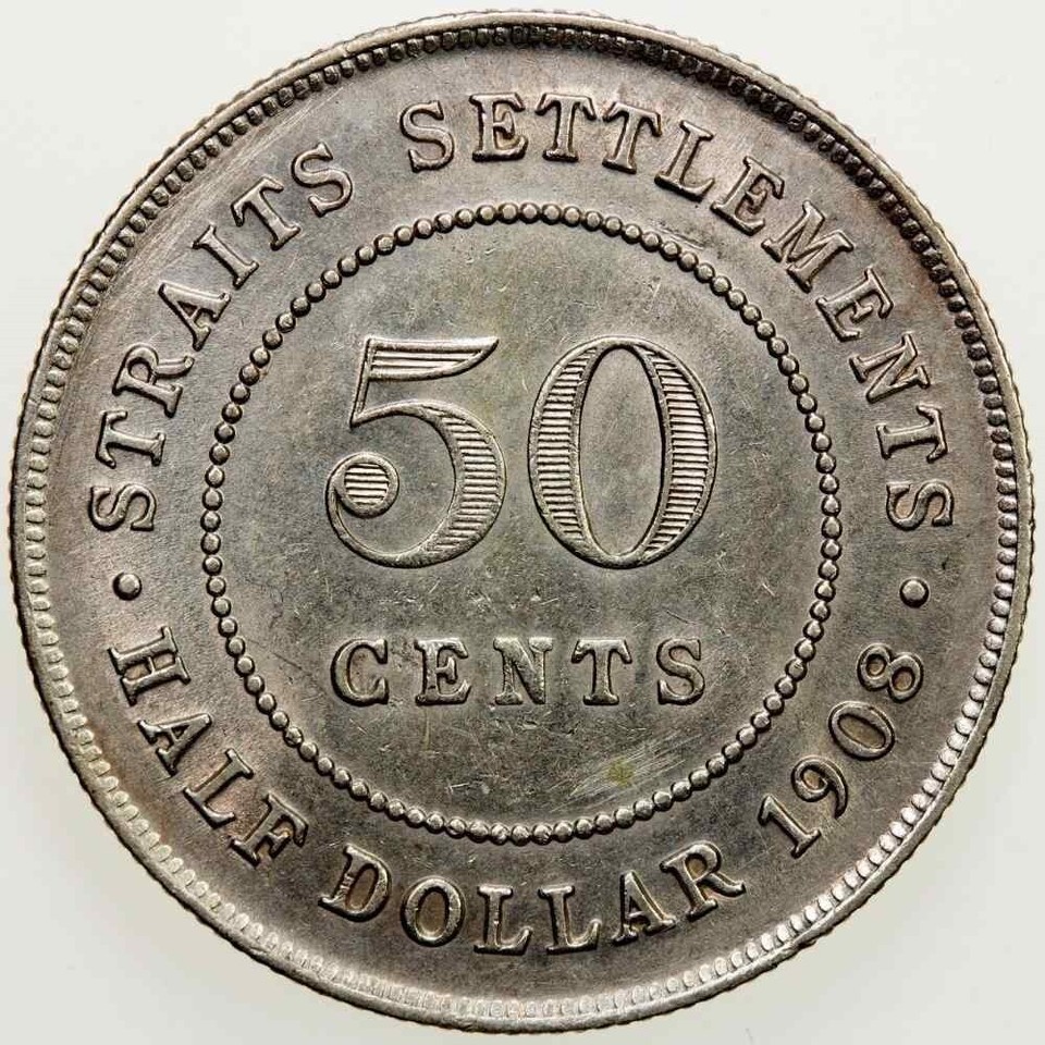 1908 Silver Coin Fifty Cents Half Dollar Straits Settlements Malaya ...