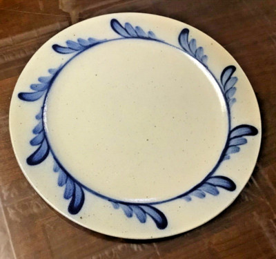 Rowe Pottery Works Stoneware DINNER PLATE Salt Glazed Cobalt Feathers ...