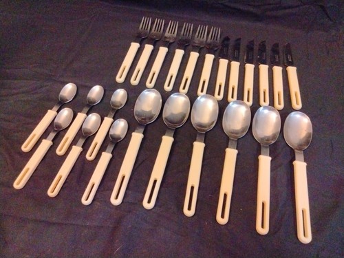 Vintage Tramontina Stainless Ivory Plastic Handle Flatware Set 24 ...