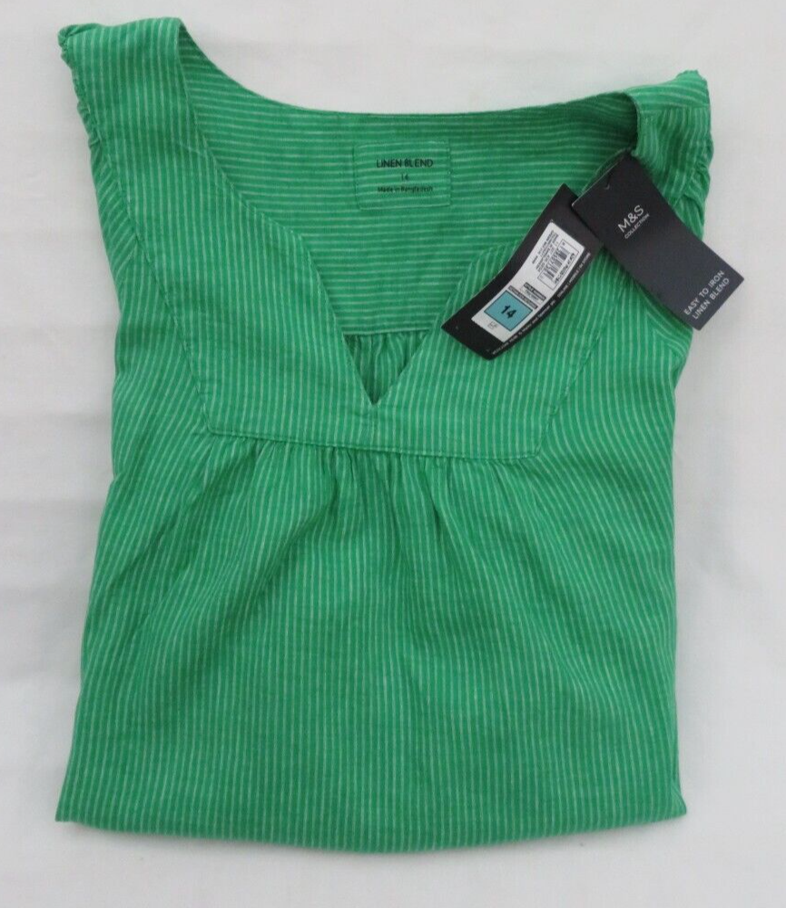 LADIES MARKS AND SPENCER GREEN STRIPED LINEN BLEND COOL COMFORT TOP ...