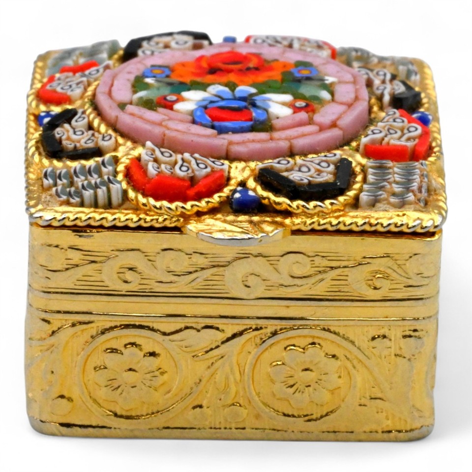 VINTAGE MICRO-MOSAIC FLORAL MINI JEWLERY BOX YELLOW GOLD-PLATED | eBay