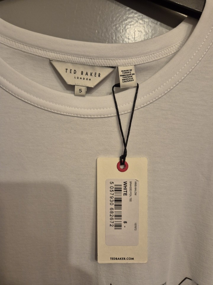 Ted Baker Womens Size 5 (16 UK) White Cotton Branded Foil T Silver Logo ...