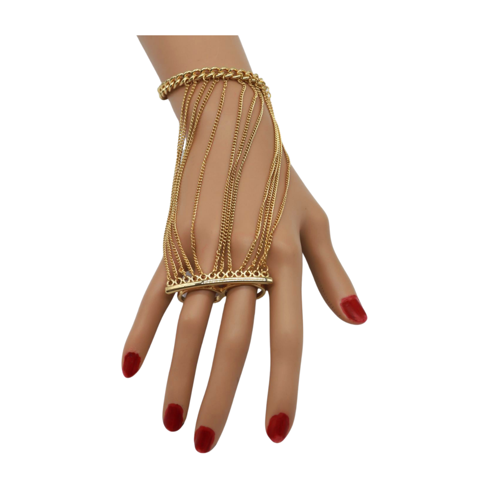 Women Gold Metal Hand Chain Bracelet 2 Connected Rings Boho Luxe Drip ...
