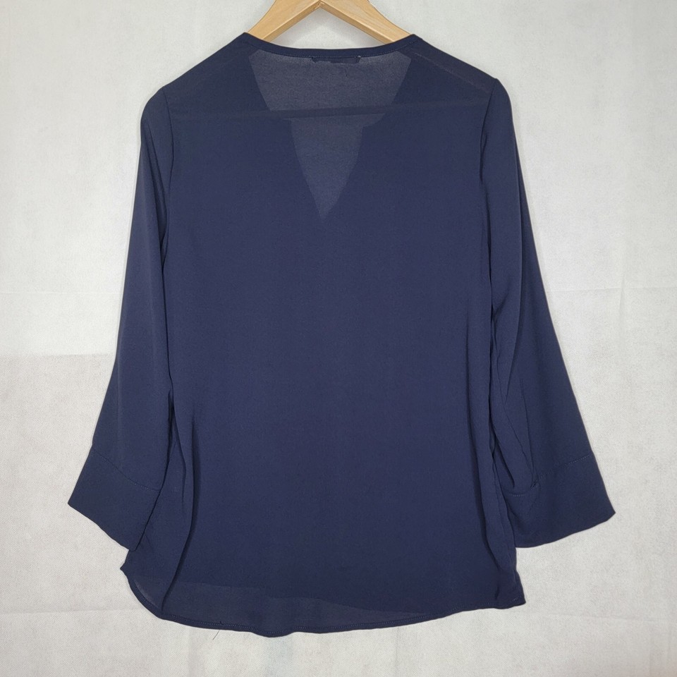 41 Hawthorn Blouse Navy Blue Black Faux Leather Trim Roll Tab Sleeve ...