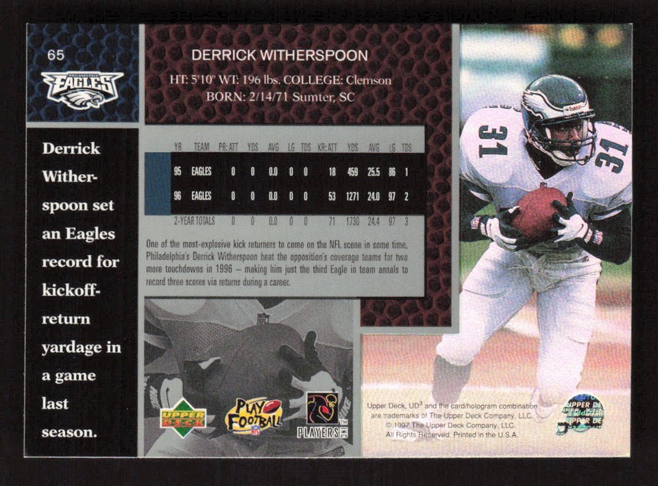 1997 Upper Deck UD3 Pigskin Heroes #65 Derrick Witherspoon Philadelphia ...