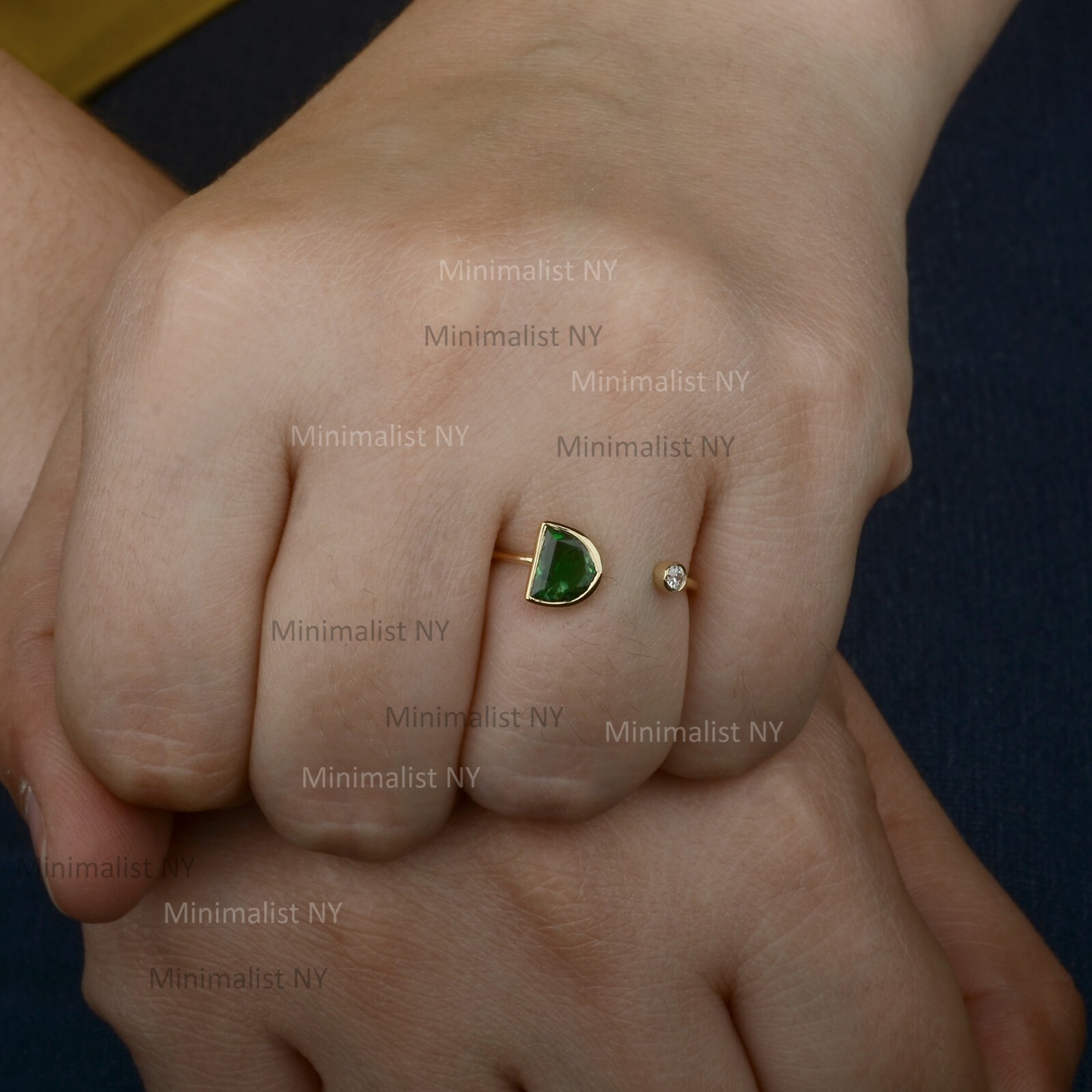 Half Moon Green Tourmaline Gemstone Diamond Cuff Ring Solid 14K Yellow ...