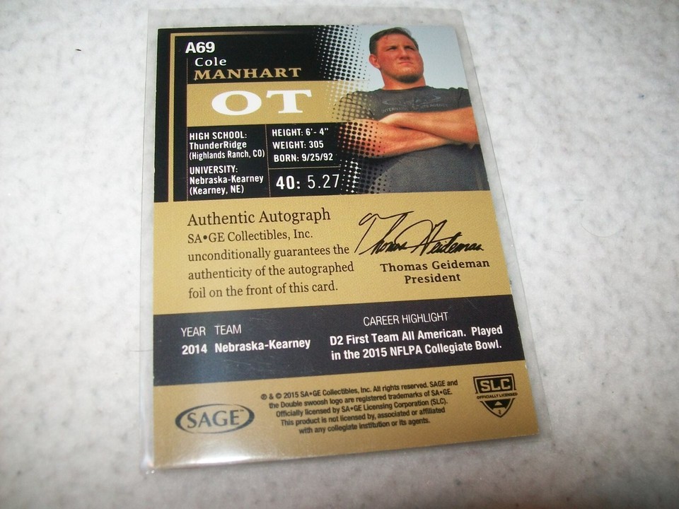 2015 SAGE HIT RED RC COLE MANHART AUTOGRAPH AUTO #A69 NEBRASKA-KEARNY ...