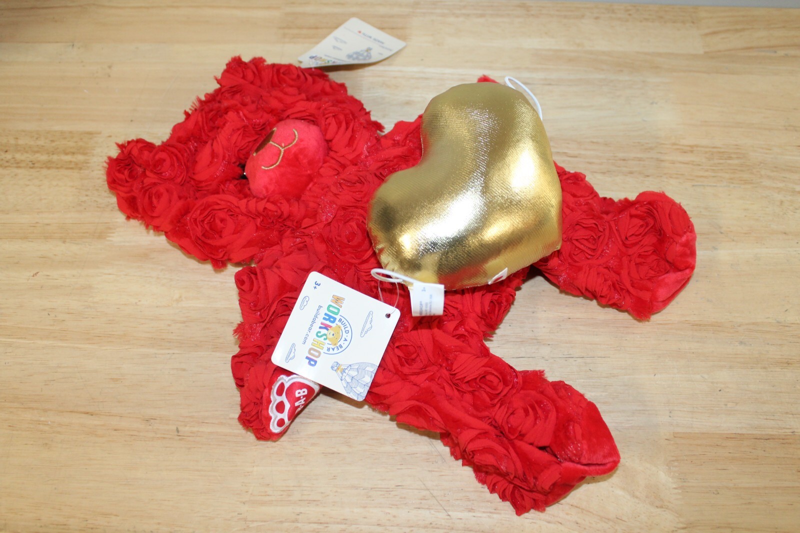 BUILD A BEAR Red Roses Bear UNSTUFFED, with Stuffed Gold Heart Wristie ...