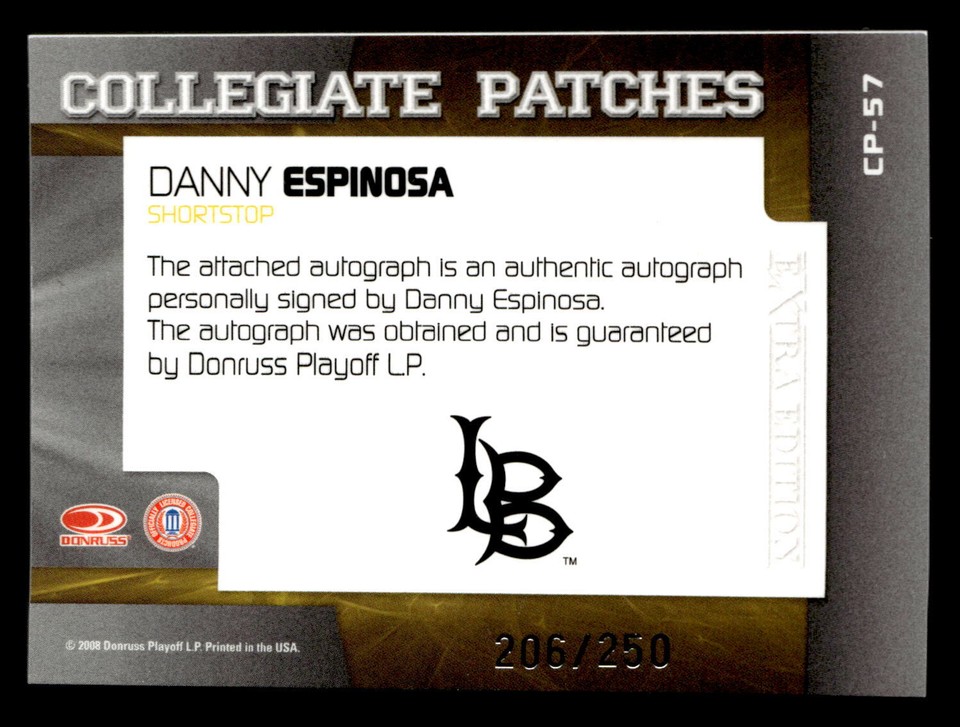 2008 Elite Extra Edition #CP-57 Danny Espinosa Collegiate Patches Auto ...